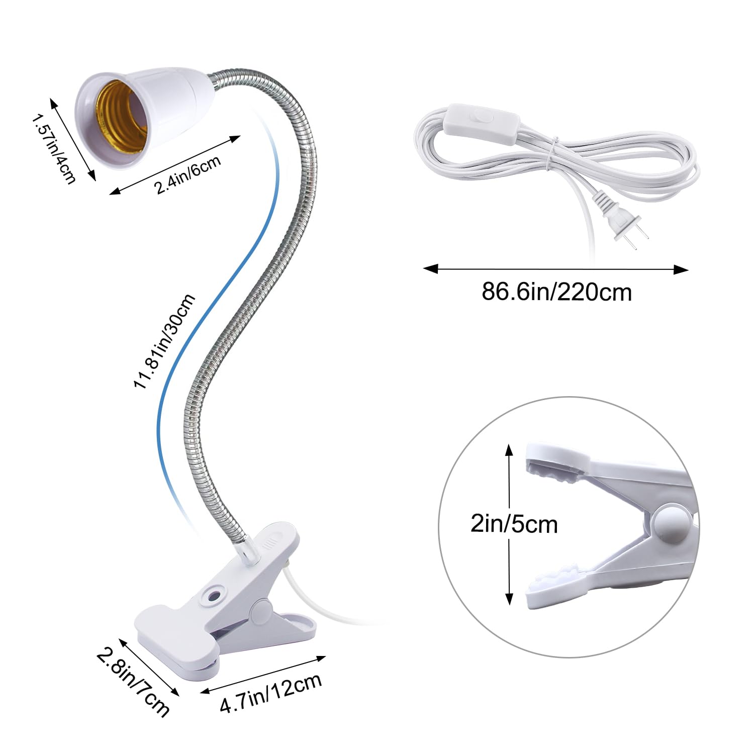 Clamp Light Socket,Clip Desk Lamp Socket,Clip Bulb Desk Lamp,Desk Light Adapter with Flexible Gooseneck,Clip on Light Socket with on/Off Switch,E26/E27 Clamp Light Bulb Stand (1PC)