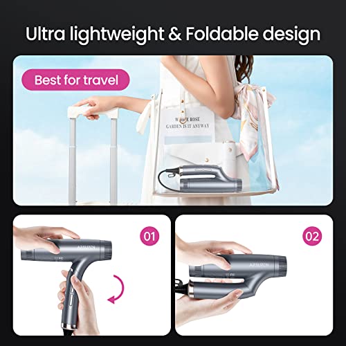 Arsupen Professional Hair Dryer with Powerful Brushless Motor, Lightweight Foldable Dual Ionic Blow Dryer, High Speed for Fast Drying with Magnetic Nozzle, 12 Modes, Super Quiet, for Travel Salon Home