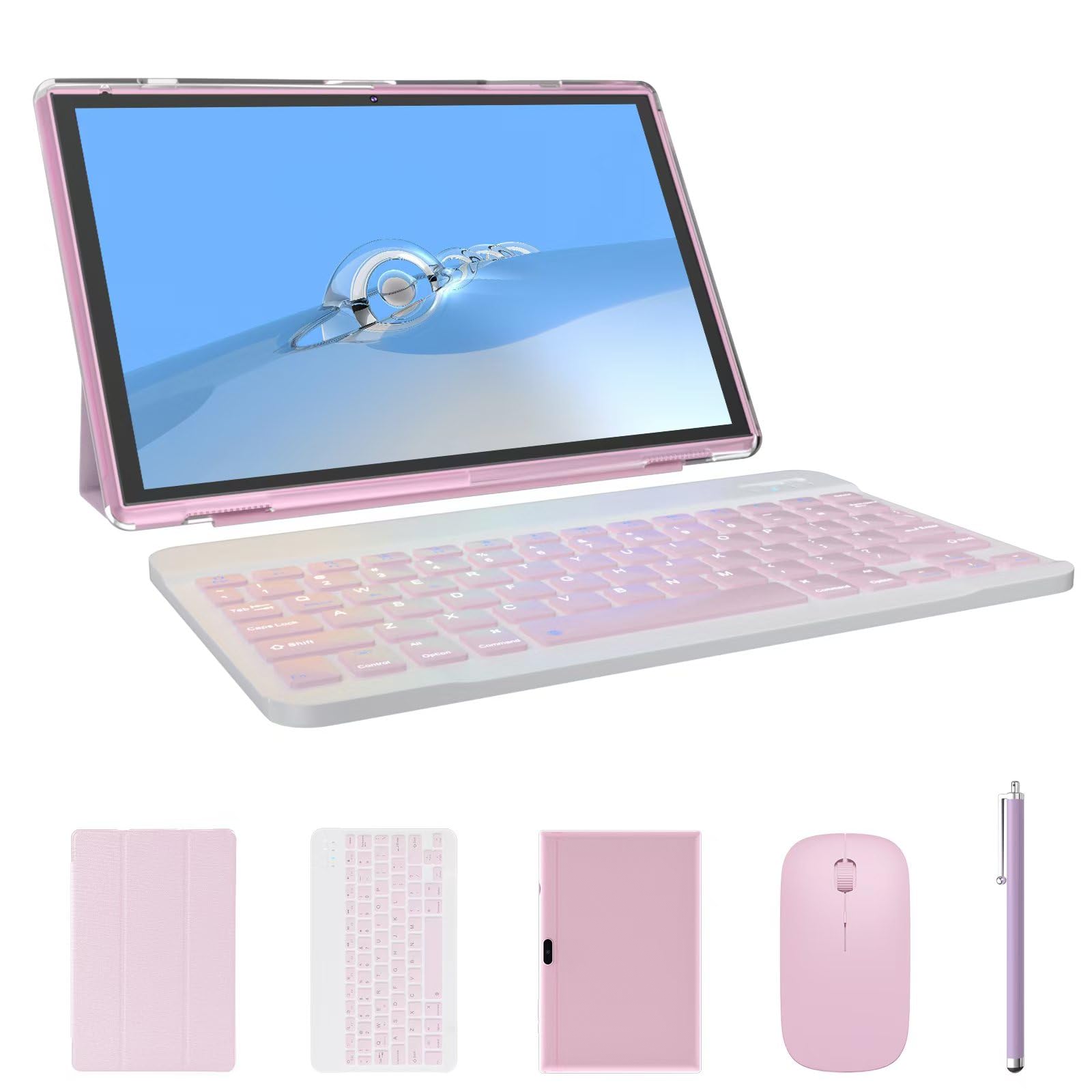 Tablet 2 in 1 Tablet with Keyboard Case Mouse Stylus Pen, 10 inch Tablet Android 14 Tablets PC, 10.1" HD Tab 6000mah Battery 6GB+32GB+1024GB Expandable 2MP+8MP Dual Camera Tableta Computer Pink Tab.