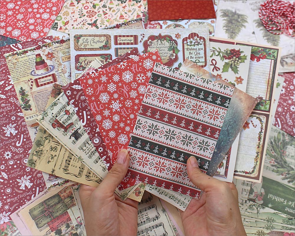Dwpetzo 128 Sheets Christmas Scrapbook Paper Stickers Kit for Scrapbooking Supplies, 5.5" x 3.9" 30 Christmas Patterned Single Sided Sheets, 6.3"x6.3" 8 Sheets Scrapbook Stickers