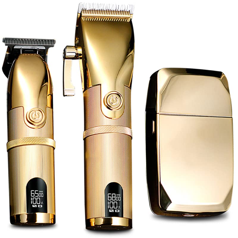BR BarbersĀ Hair Clippers Gold for Men Full Metal Cordless Close Cutting T-Blade Trimmer with LED Display Professional Barbershop Barber Clipper Set Shaver Trimmer Razor Kit