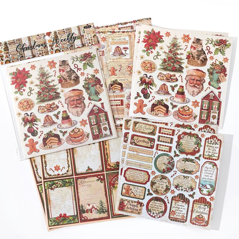 Dwpetzo 128 Sheets Christmas Scrapbook Paper Stickers Kit for Scrapbooking Supplies, 5.5" x 3.9" 30 Christmas Patterned Single Sided Sheets, 6.3"x6.3" 8 Sheets Scrapbook Stickers
