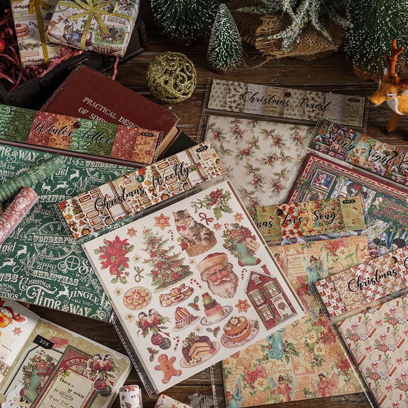Dwpetzo 128 Sheets Christmas Scrapbook Paper Stickers Kit for Scrapbooking Supplies, 5.5" x 3.9" 30 Christmas Patterned Single Sided Sheets, 6.3"x6.3" 8 Sheets Scrapbook Stickers