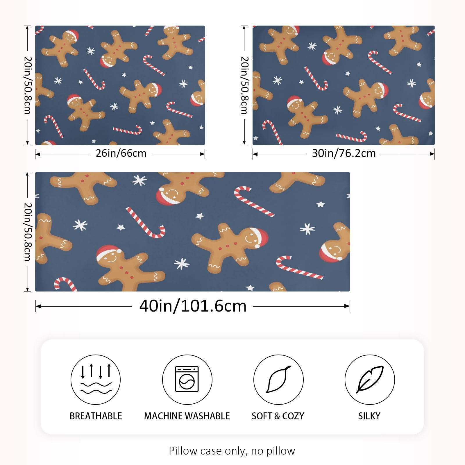 Christmas Gingerbread Man Blue Pillow Covers Silk Pillowcase for Hair and Skin Breathable & Silky Soft Satin Pillowcase Standard Size Pillow Case for Women Hot Sleepers, Night Sweats Bed (20x26 Inch)