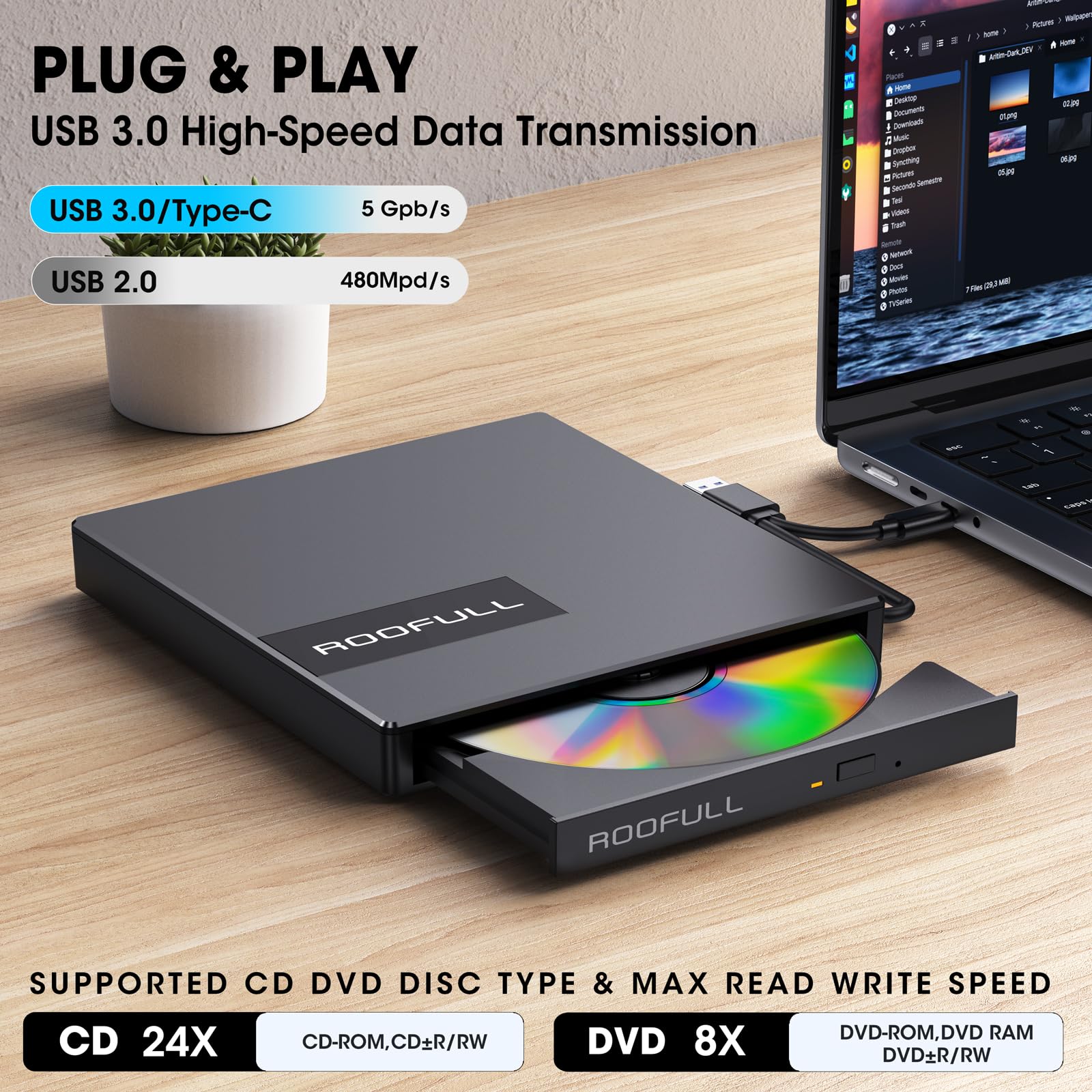ROOFULL External CD DVD Drive USB 3.0 USB-C with 4*USB Ports and SD/TF Card Slot, Portable CD DVD Player Burner Optical Disc ROM/RW Reader Writer for Laptop PC Apple Mac Windows 11/10 Linux Computer