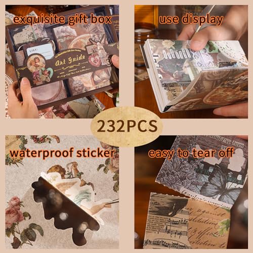 Chuchengio 242Pcs Aesthetic Scrapbook Paper Stickers Supplies Kit,Art Decoupage Paper for Scrapbooking Journaling Supplies,Bullet Journal Kit with Journal Vintage Stickers