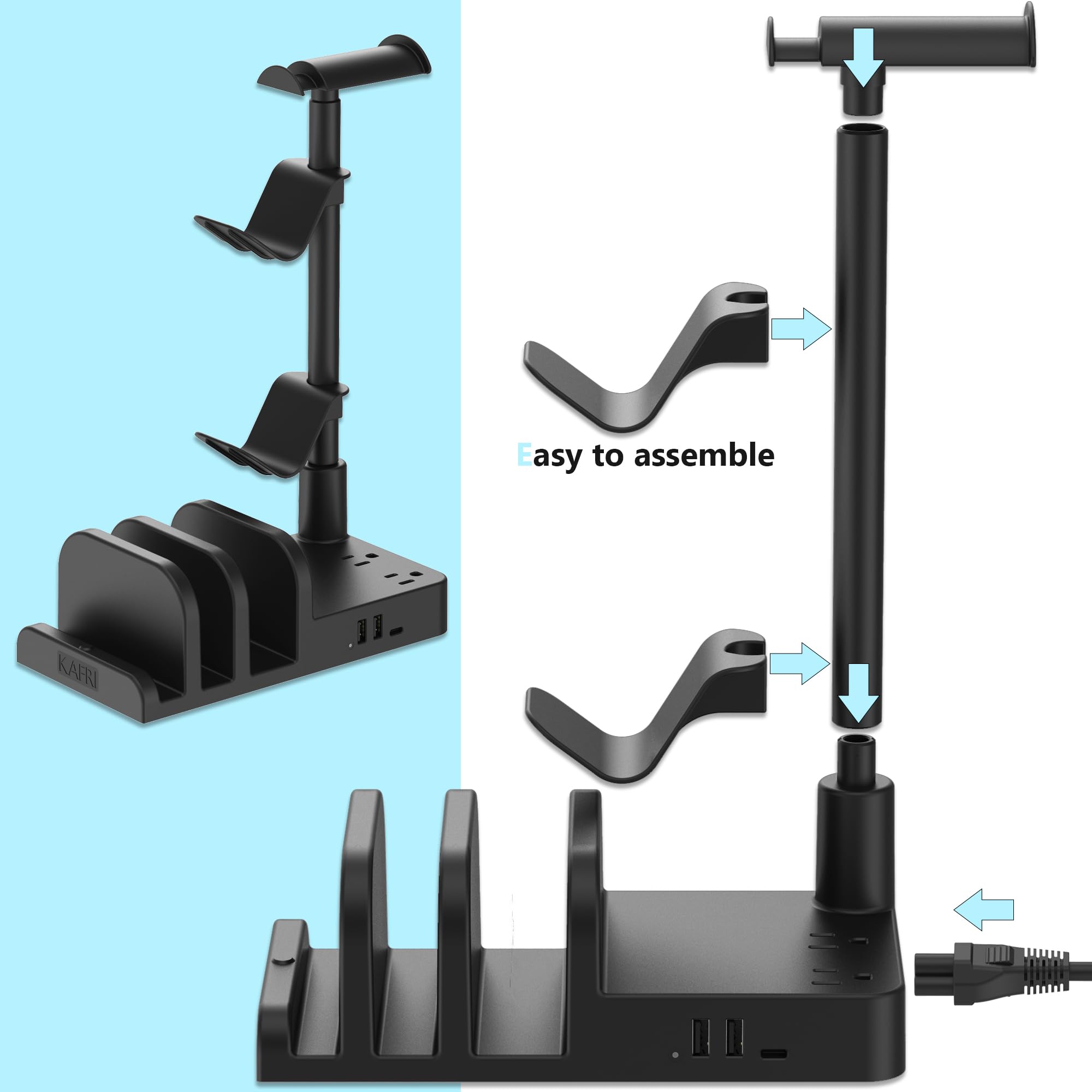 KAFRI Universal Stand for Headphone and Controller, Desk Gaming Headset Holder with USB A&C Chargers and 2 Outlets, Storage Organizer for Switch/Phone/iPad, Desktop Gamer Accessories Boyfriend Gifts