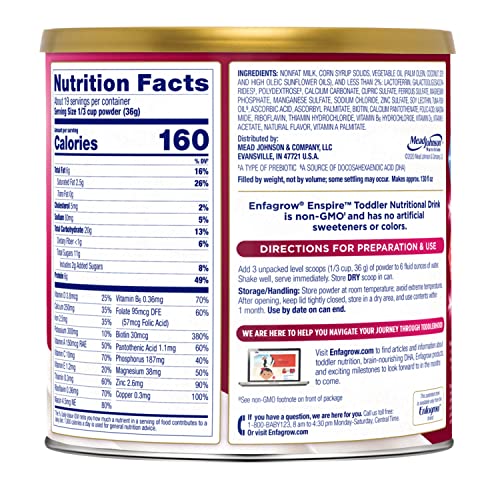 Enfagrow Enspire Toddler Nutritional Drink with Lactofrerrin, DHA, and MFGM for Brain Support and Immune Health, Non-GMO, Powder Tub 24 Oz, Pack of 4
