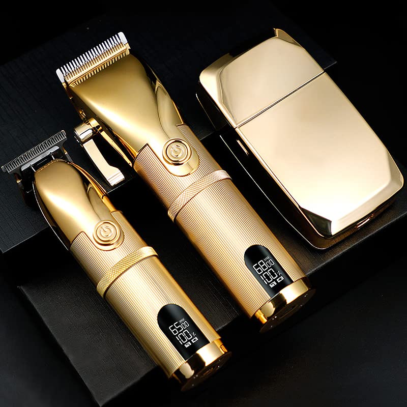 BR Barbers Hair Clippers Gold for Men Full Metal Cordless Close Cutting T-Blade Trimmer with LED Display Professional Barbershop Barber Clipper Set Shaver Trimmer Razor Kit
