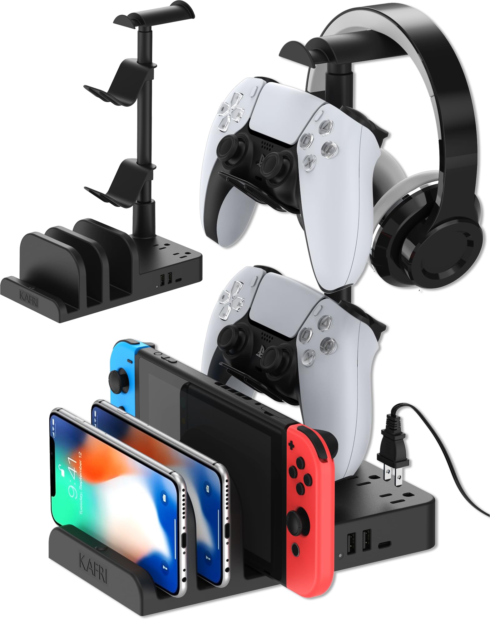 KAFRI Universal Stand for Headphone and Controller, Desk Gaming Headset Holder with USB A&C Chargers and 2 Outlets, Storage Organizer for Switch/Phone/iPad, Desktop Gamer Accessories Boyfriend Gifts