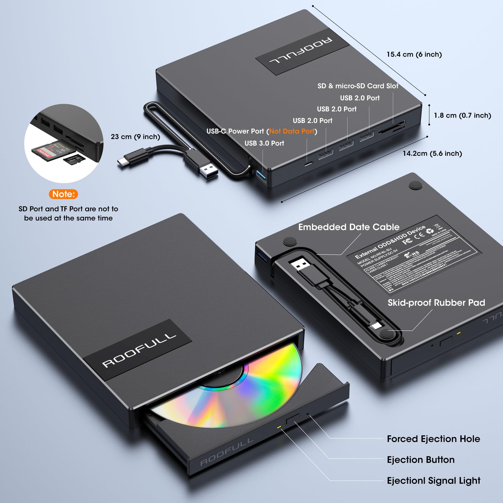 ROOFULL External CD DVD Drive USB 3.0 USB-C with 4*USB Ports and SD/TF Card Slot, Portable CD DVD Player Burner Optical Disc ROM/RW Reader Writer for Laptop PC Apple Mac Windows 11/10 Linux Computer