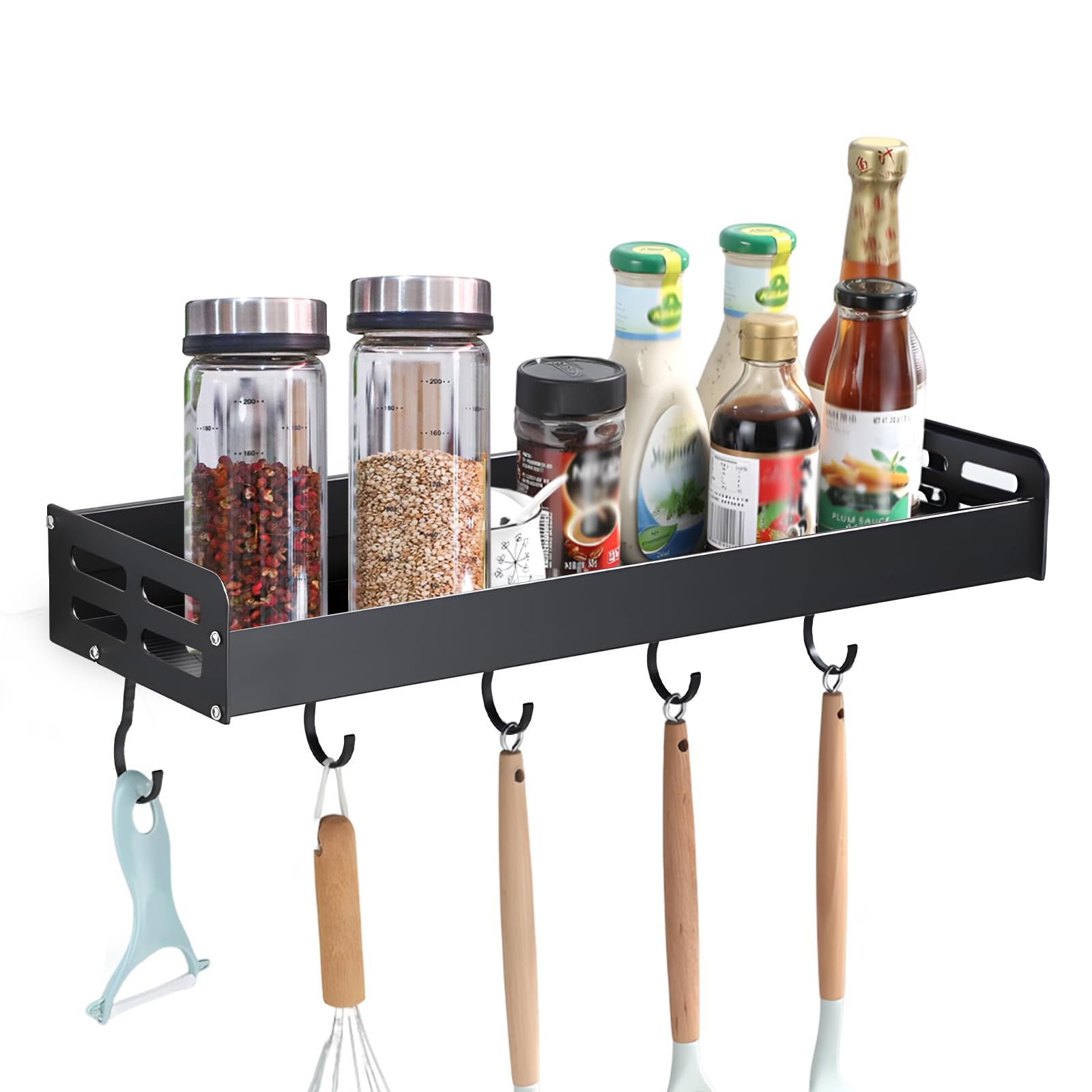 Hanging Pot Rack, Wall Mounted Pan Holder with 6 Hooks, Heavy Duty Dish Rack Cookware Organizer, Kitchen Storage Shelf for Utensils