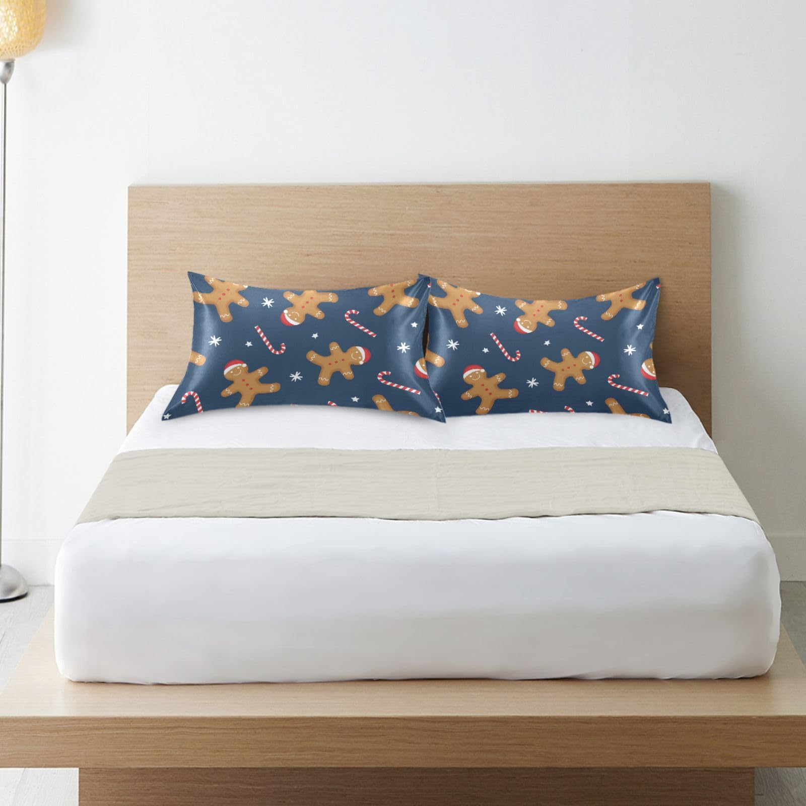 Christmas Gingerbread Man Blue Pillow Covers Silk Pillowcase for Hair and Skin Breathable & Silky Soft Satin Pillowcase Standard Size Pillow Case for Women Hot Sleepers, Night Sweats Bed (20x26 Inch)