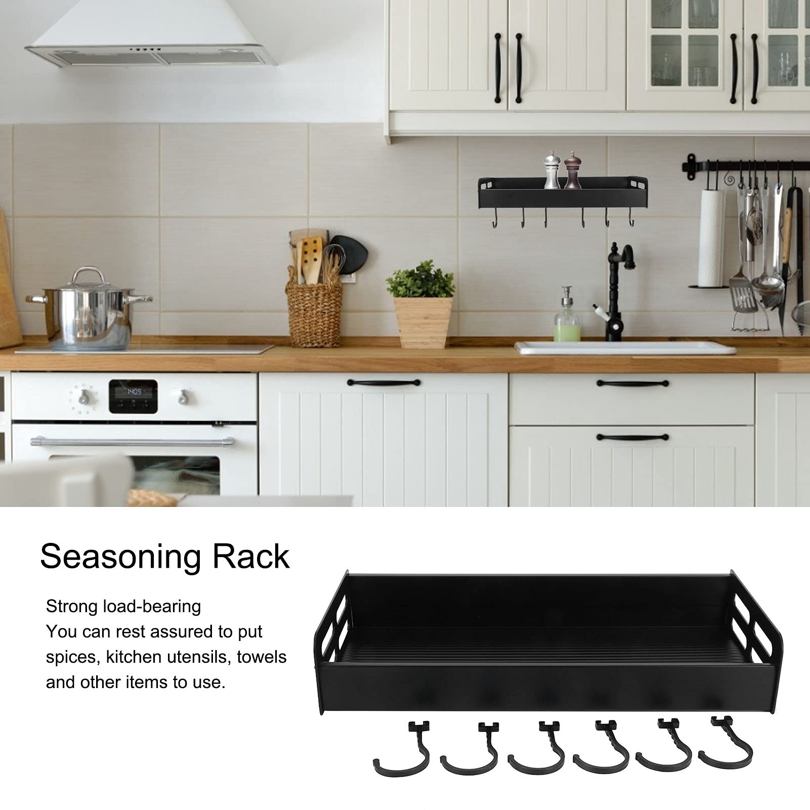 Hanging Pot Rack, Wall Mounted Pan Holder with 6 Hooks, Heavy Duty Dish Rack Cookware Organizer, Kitchen Storage Shelf for Utensils