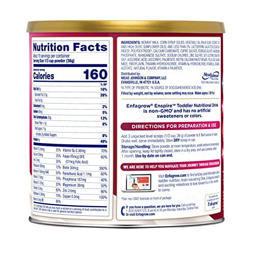 Enfagrow Enspire Toddler Nutritional Drink with Lactofrerrin, DHA, and MFGM for Brain Support and Immune Health, Non-GMO, Powder Tub 24 Oz, Pack of 4