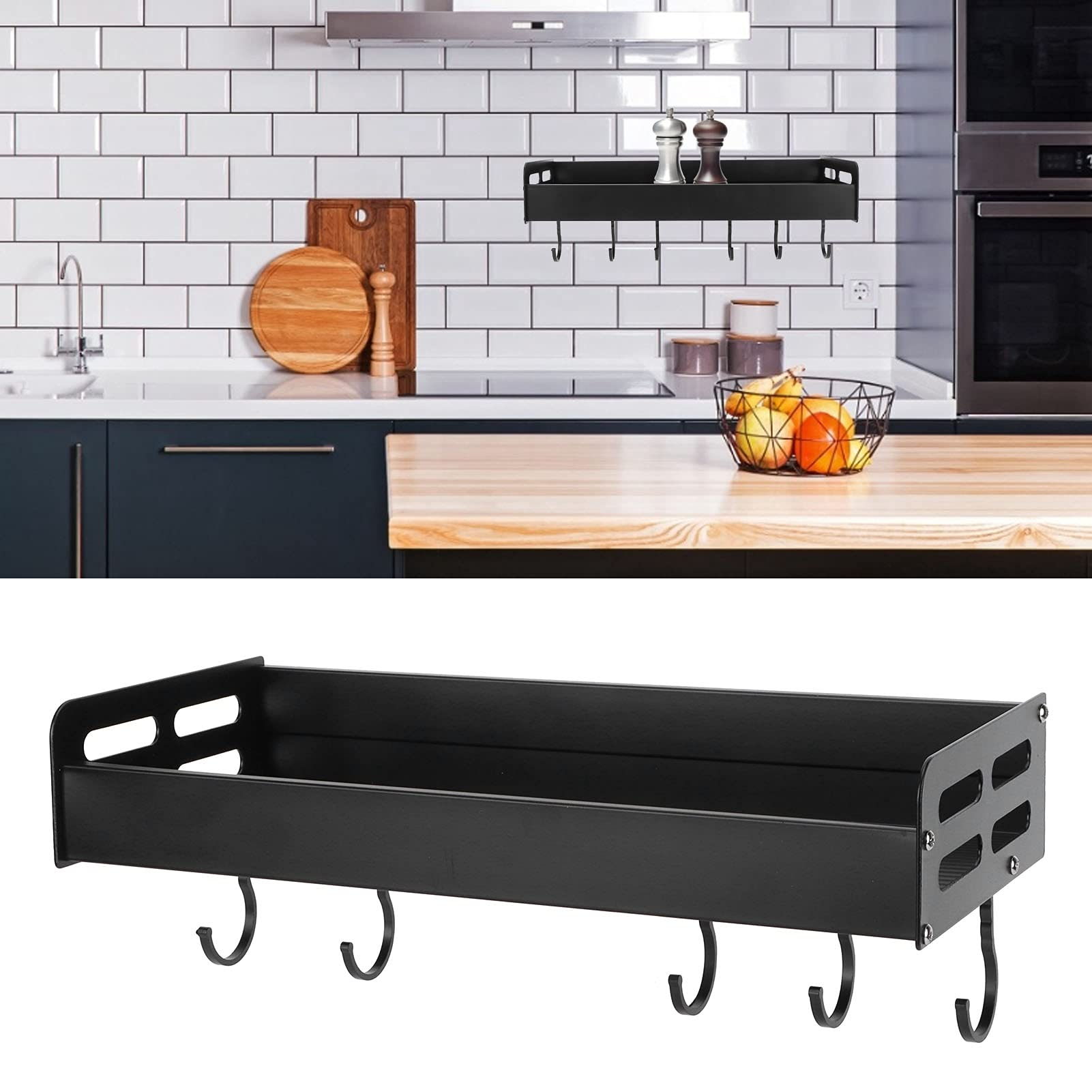 Hanging Pot Rack, Wall Mounted Pan Holder with 6 Hooks, Heavy Duty Dish Rack Cookware Organizer, Kitchen Storage Shelf for Utensils