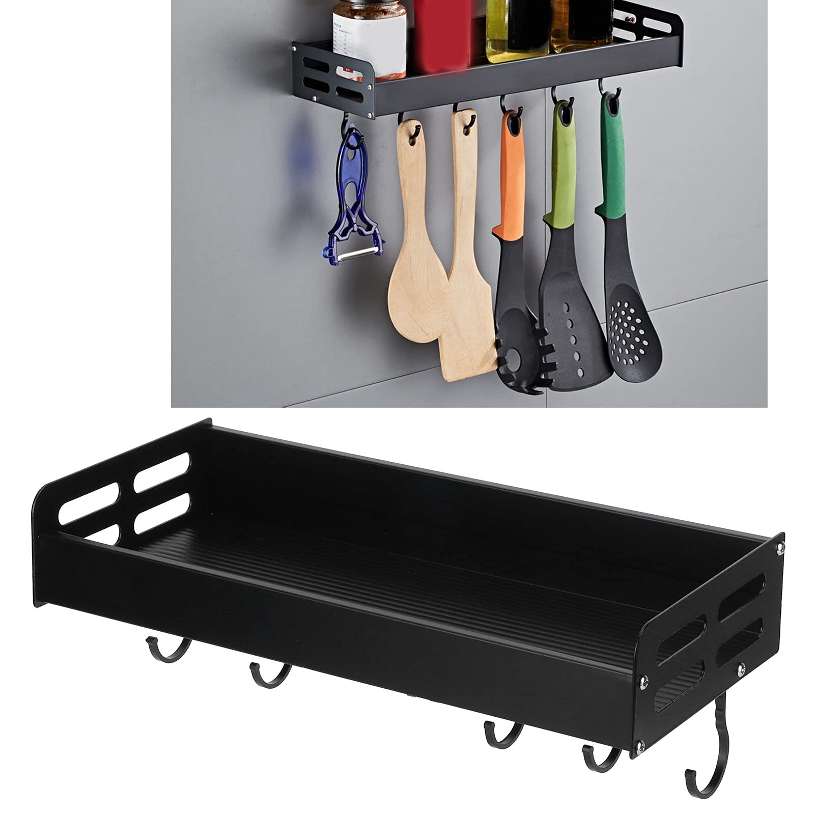 Hanging Pot Rack, Wall Mounted Pan Holder with 6 Hooks, Heavy Duty Dish Rack Cookware Organizer, Kitchen Storage Shelf for Utensils