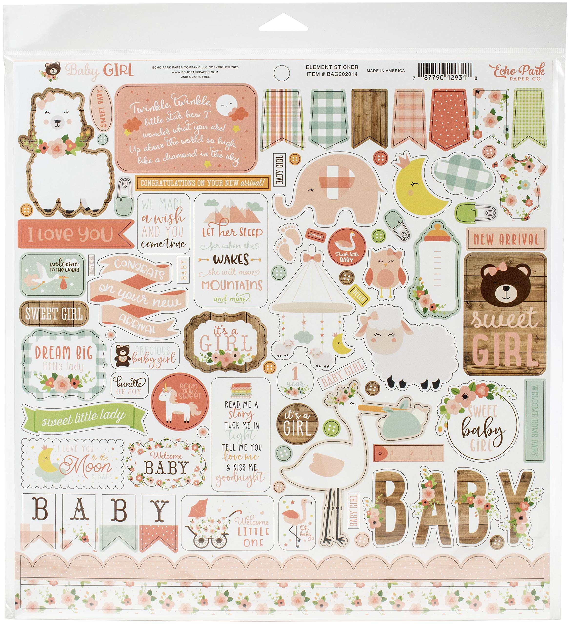 Echo Park Paper Company Baby Girl Collection Kit paper, pink, yellow, green, blue, 12-x-12-Inch