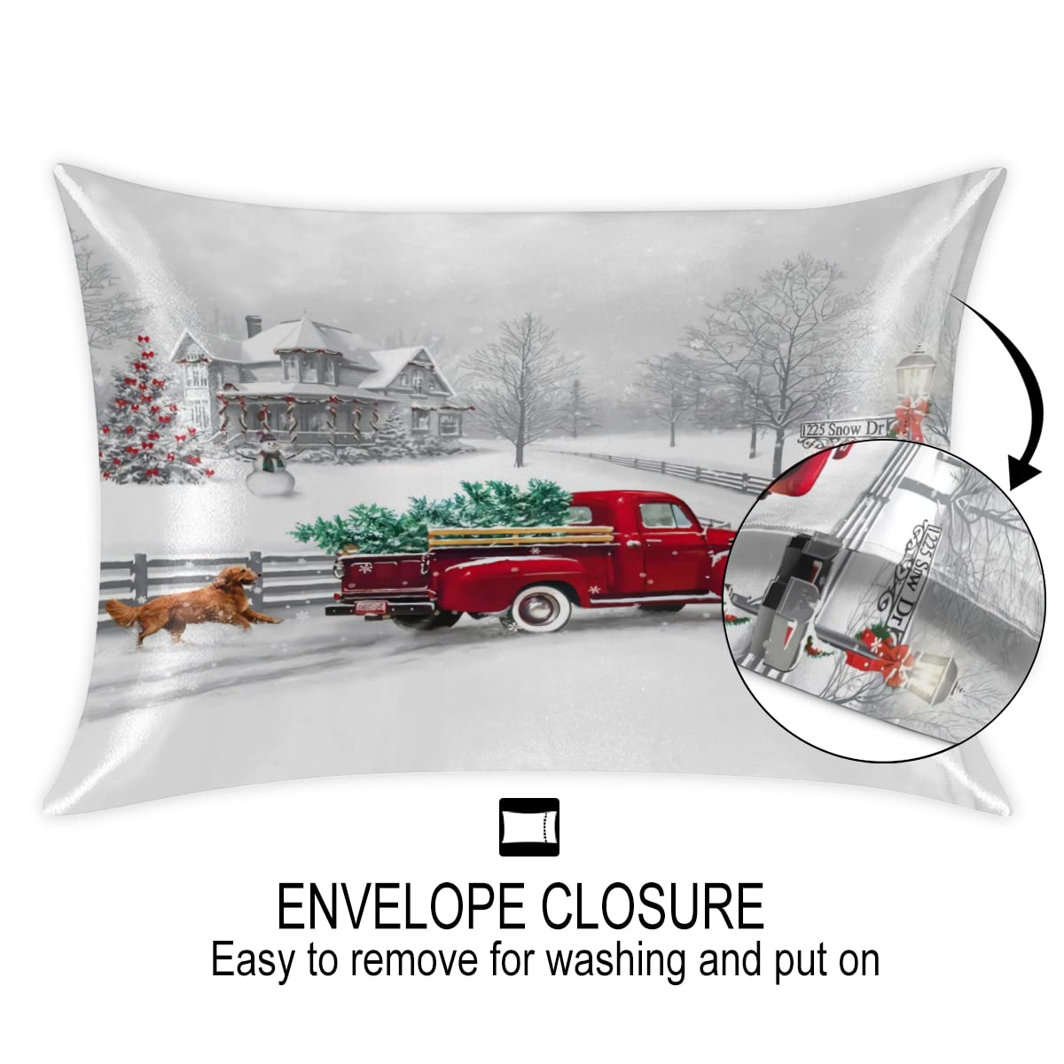 Satin Pillowcase for Hair and Skin King Size, Red Truck Dog Snowflake Christmas Silk Pillowcase Satin Pillow Cases with Envelope Closure Soft Cooling Pillow Covers Gift for Women Men, 20x40in