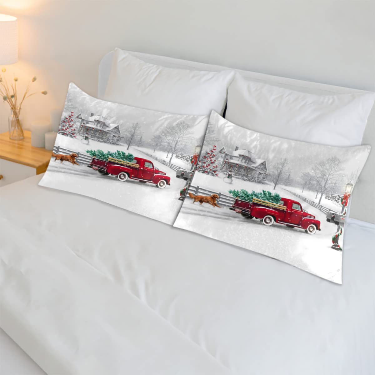 Satin Pillowcase for Hair and Skin King Size, Red Truck Dog Snowflake Christmas Silk Pillowcase Satin Pillow Cases with Envelope Closure Soft Cooling Pillow Covers Gift for Women Men, 20x40in