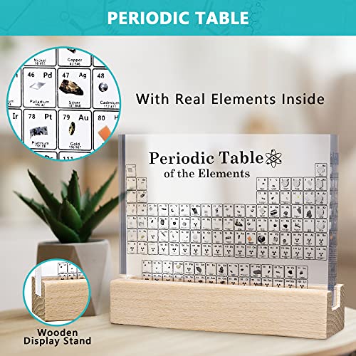 MegaBox Periodic Table Of Elements with 83 Real Elements, Acrylic Periodic Table Display With Wooden Stand, 6x Chemistry Formula Reference Cards, Science Teacher Gift Classroom Decoration