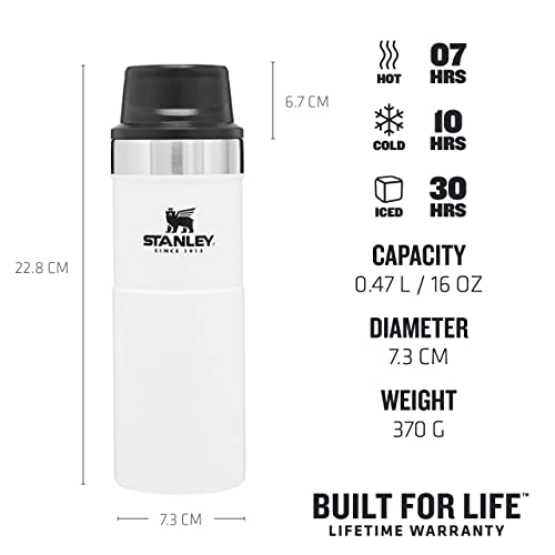 Stanley Trigger Action Travel Mug 0.47L Polar White β Keeps Hot for 7 Hours - BPA-free Stainless Steel Thermos Travel Mug for Hot Drinks - Leakproof Reusable Coffee Cups