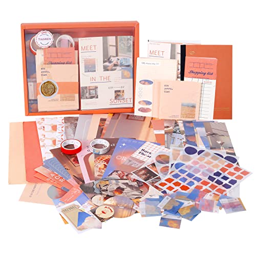 TIANREN Aesthetic Scrapbook kit(348pcs),Junk Journal/Daily Journal Scrapbooking Supplies Stationery,A6 Grid Notebook,DIY journaling Craft Gift for Teen Girls, Boys,Kids,Women..（Sunset
