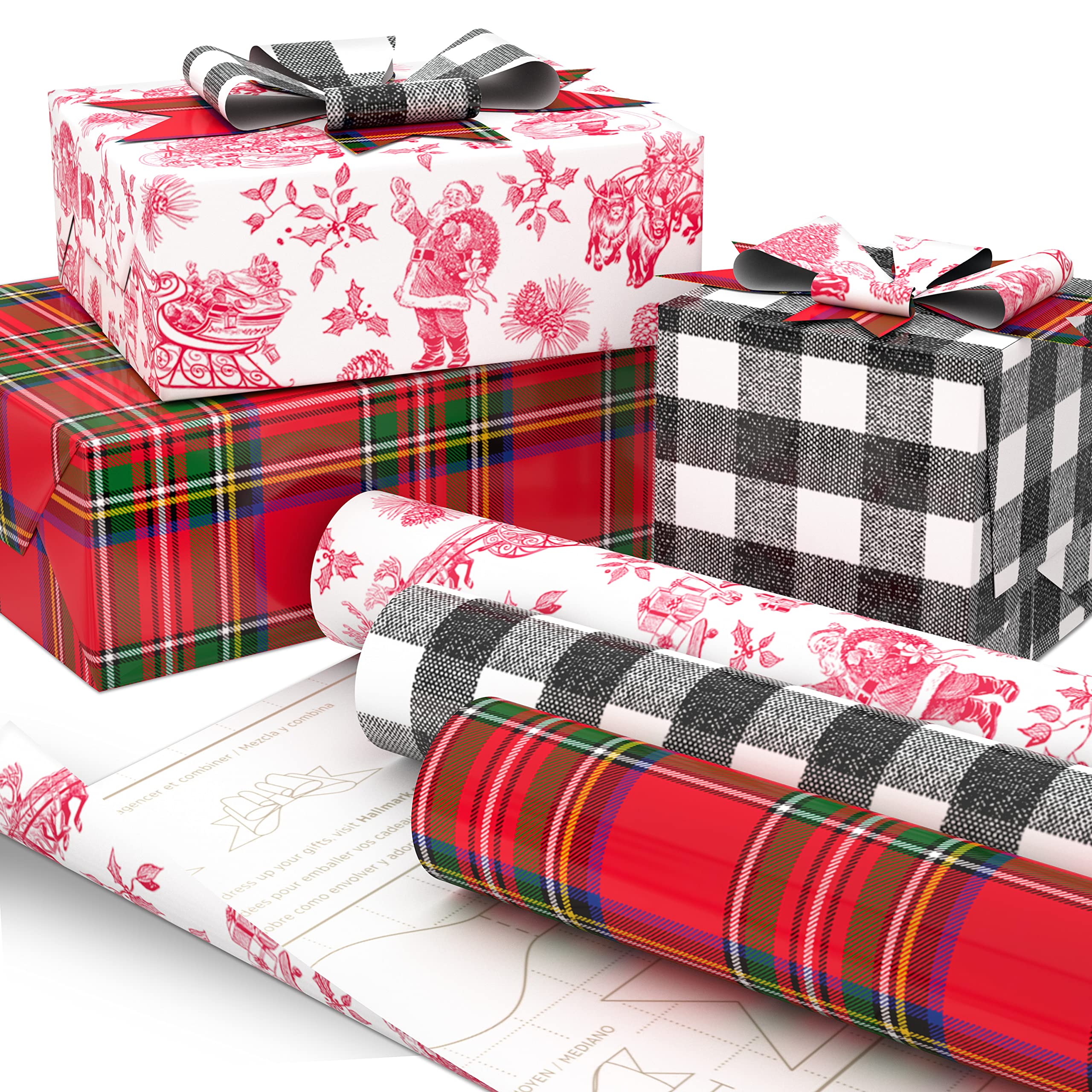 Hallmark Holiday Wrapping Paper with Cutlines and Optional DIY Bow Templates on Reverse (3 Rolls: 120 Sq. Ft. Ttl) Red Toile, Black and White Buffalo Check, Christmas Plaid