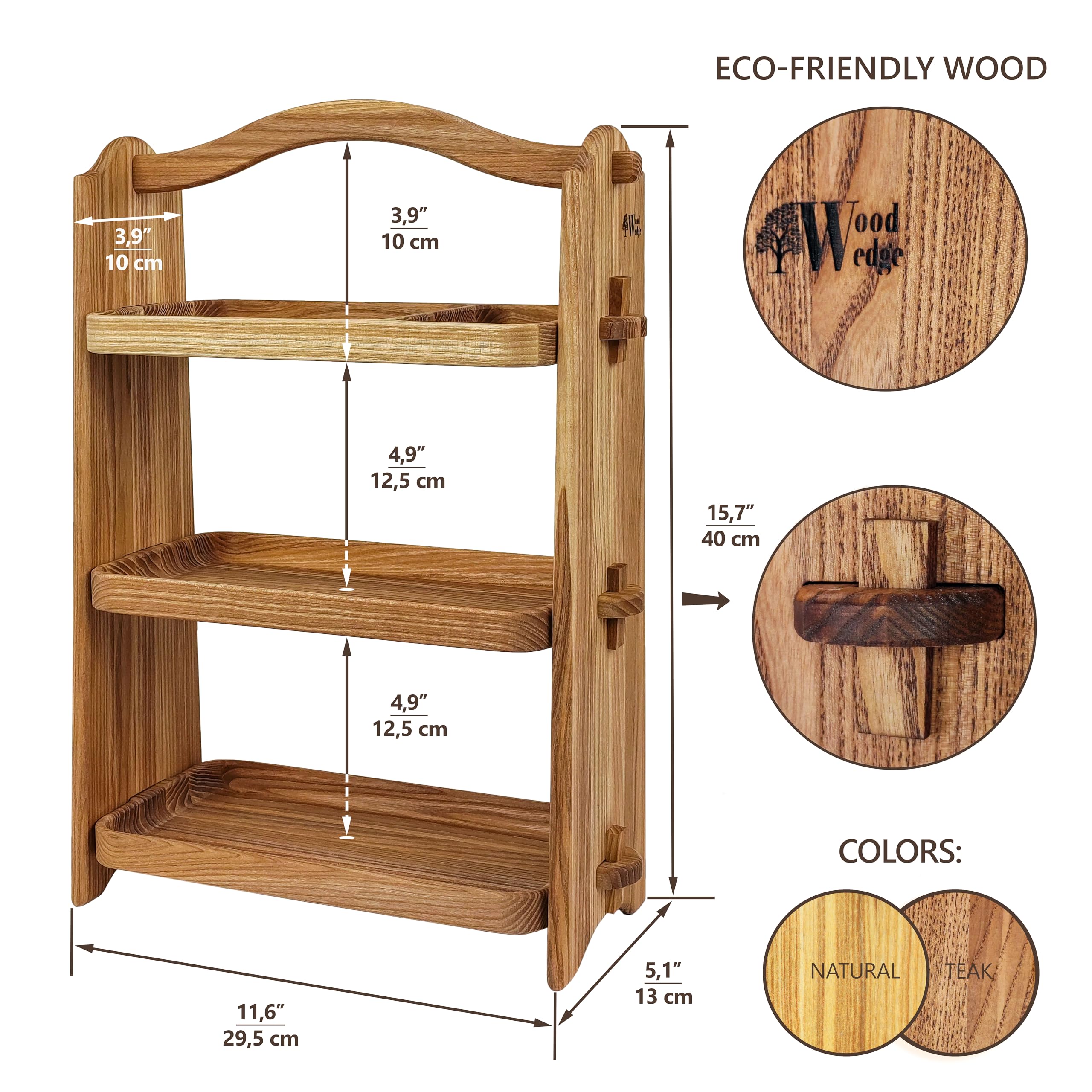 Wooden Wedge Shelves, 3 Tier Storage Organizer, Holder Handcrafted for Bathroom Living Room, Bedroom, Kitchen, Wood Rack for Countertop, Made in Europe, Gift Idea