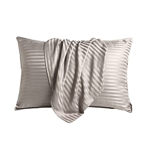 Kingform Satin Silk Pillowcases for Hair and Skin, Set of 2 Standard Pillow Cases, Soft Silky Pillow Covers with Envelope Closure (Standard, Light Grey Striped)