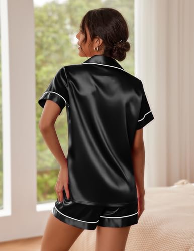 Ekouaer Satin Pajamas for Women Button Down Sleepwear Soft Silk Loungewear Short Sleeve Top and Shorts Pjs Black,Small