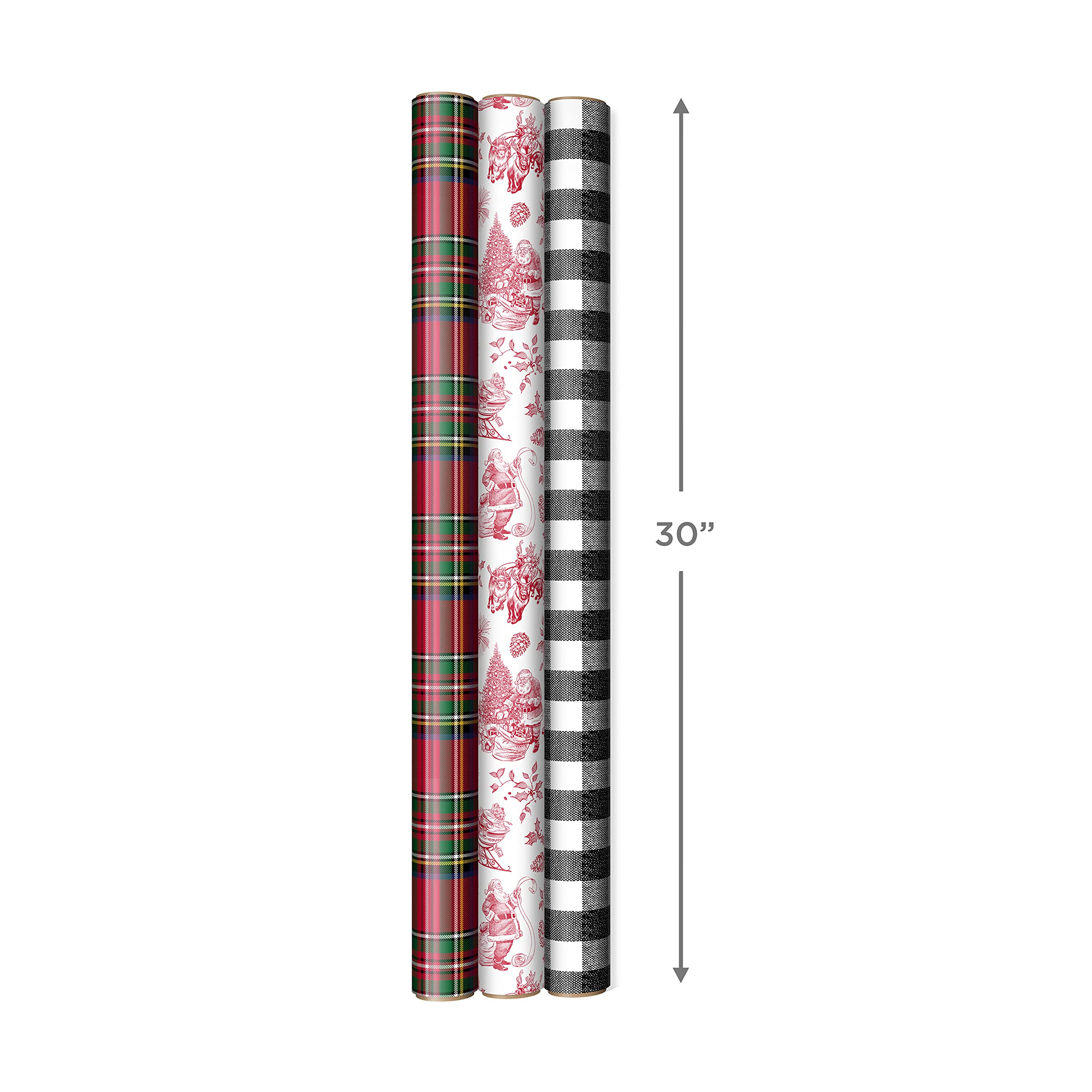 Hallmark Holiday Wrapping Paper with Cutlines and Optional DIY Bow Templates on Reverse (3 Rolls: 120 Sq. Ft. Ttl) Red Toile, Black and White Buffalo Check, Christmas Plaid