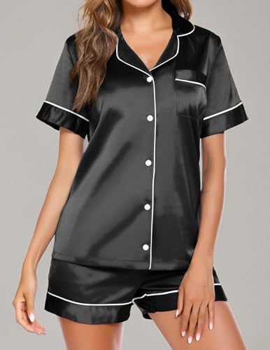 Ekouaer Satin Pajamas for Women Button Down Sleepwear Soft Silk Loungewear Short Sleeve Top and Shorts Pjs Black,Small