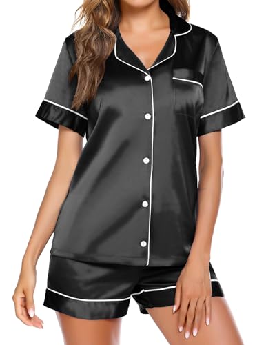 Ekouaer Satin Pajamas for Women Button Down Sleepwear Soft Silk Loungewear Short Sleeve Top and Shorts Pjs Black,Small