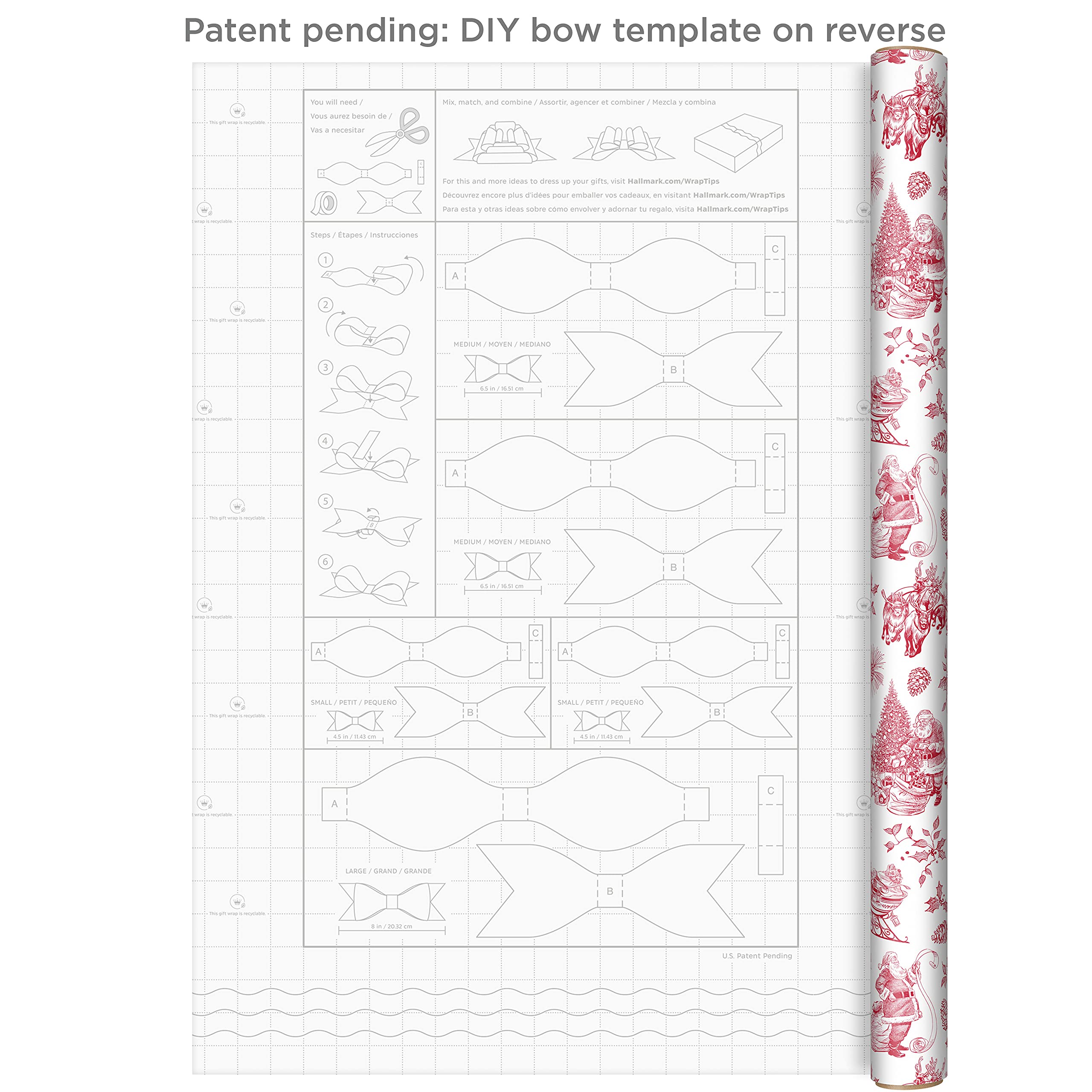 Hallmark Holiday Wrapping Paper with Cutlines and Optional DIY Bow Templates on Reverse (3 Rolls: 120 Sq. Ft. Ttl) Red Toile, Black and White Buffalo Check, Christmas Plaid
