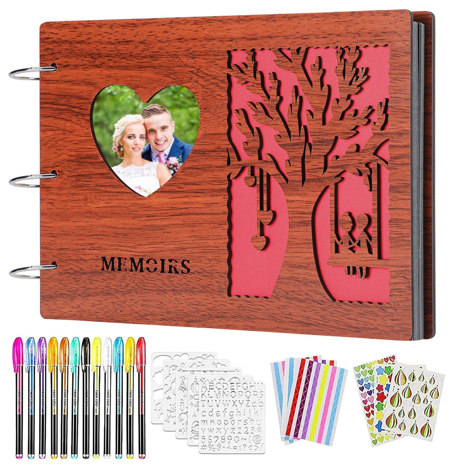 ZEEYUAN DIY Cartoon Scrapbook Album, 60 Pages, Wooden Cover, Love Memory Photo Book, Valentine's Day Gift