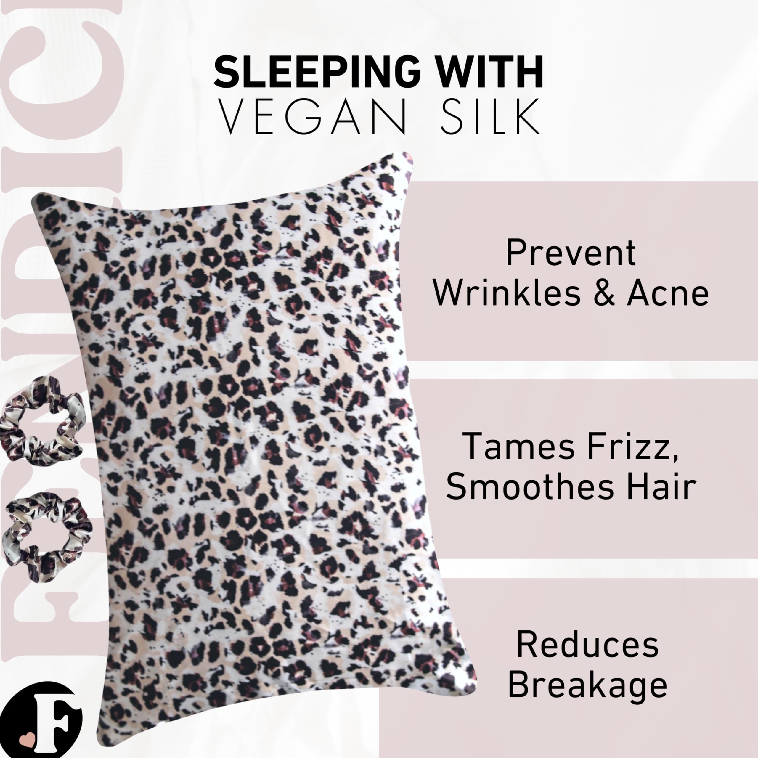Satin Pillowcase for Hair and Skin by Fenrici, Includes 1 Queen Size Satin Pillow case, 2 Matching Scrunchies, Luxury Beauty Sleep Set, Leopard Print, Pink, Queen/Standard, Gift for Her