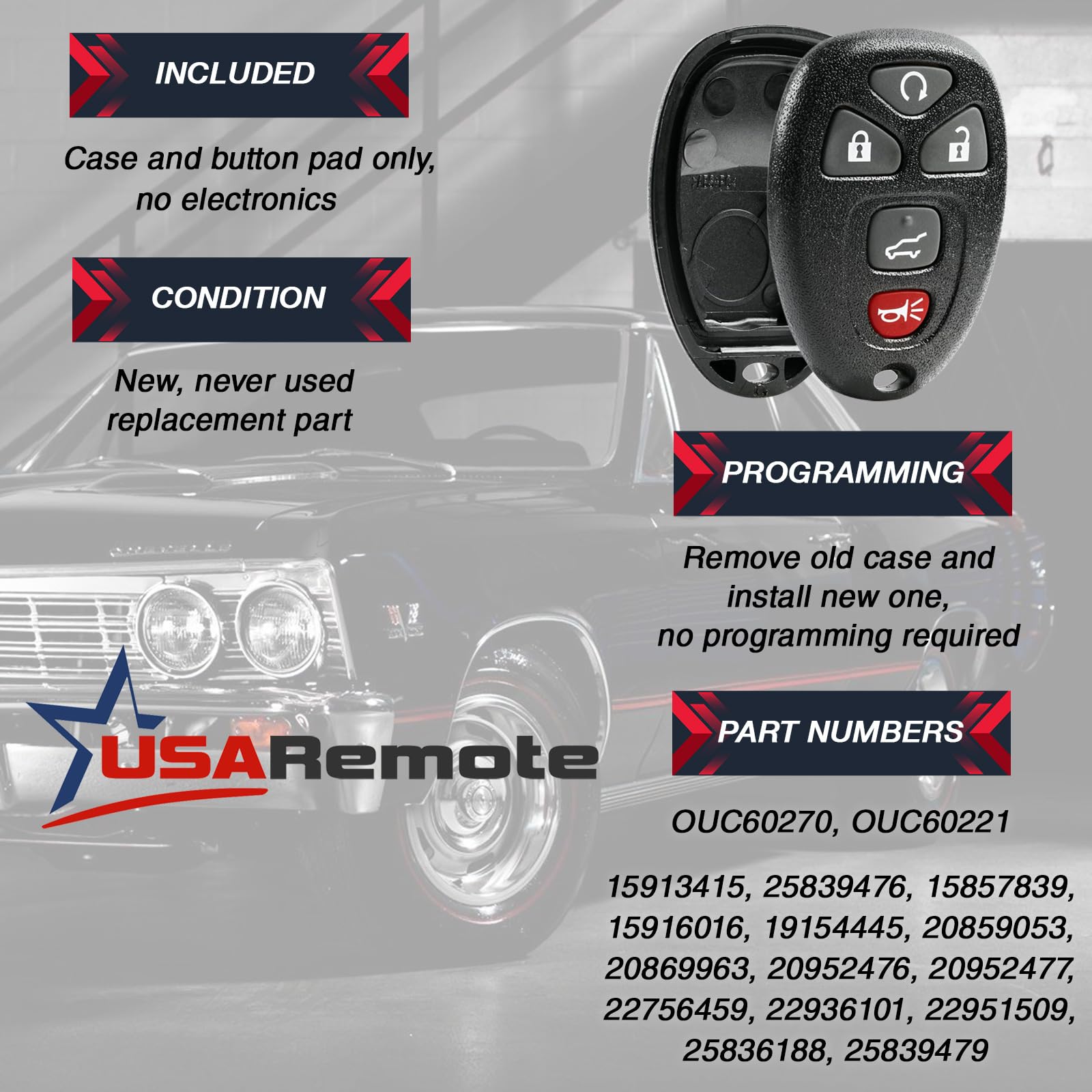 Key Fob Shell fits 2007-2015 Buick Cadillac Chevy GMC Saturn Keyless Entry Remote Case & Button Pad (15913415, OUC60270)