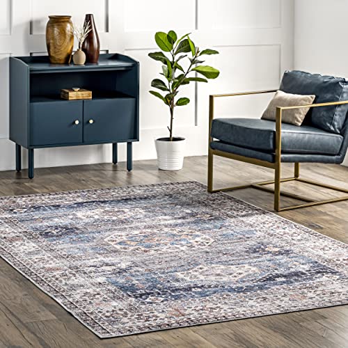 nuLOOM Drina Machine Washable Distressed Area Rug Blue 6' x 9'