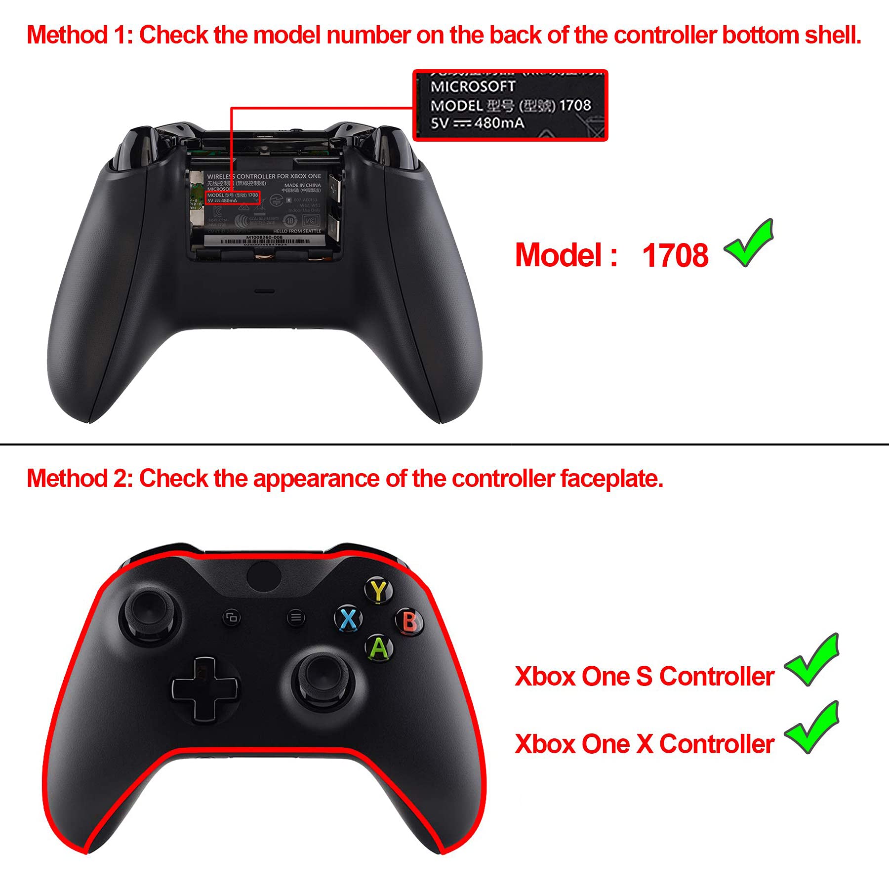 eXtremeRate Multi-Colors Luminated Dpad Thumbsticks Start Back ABXY Action Buttons, Scarlet Red Classical Symbols Buttons DTFS (DTF 2.0) LED Kit for Xbox One S & X Controller - Controller Without