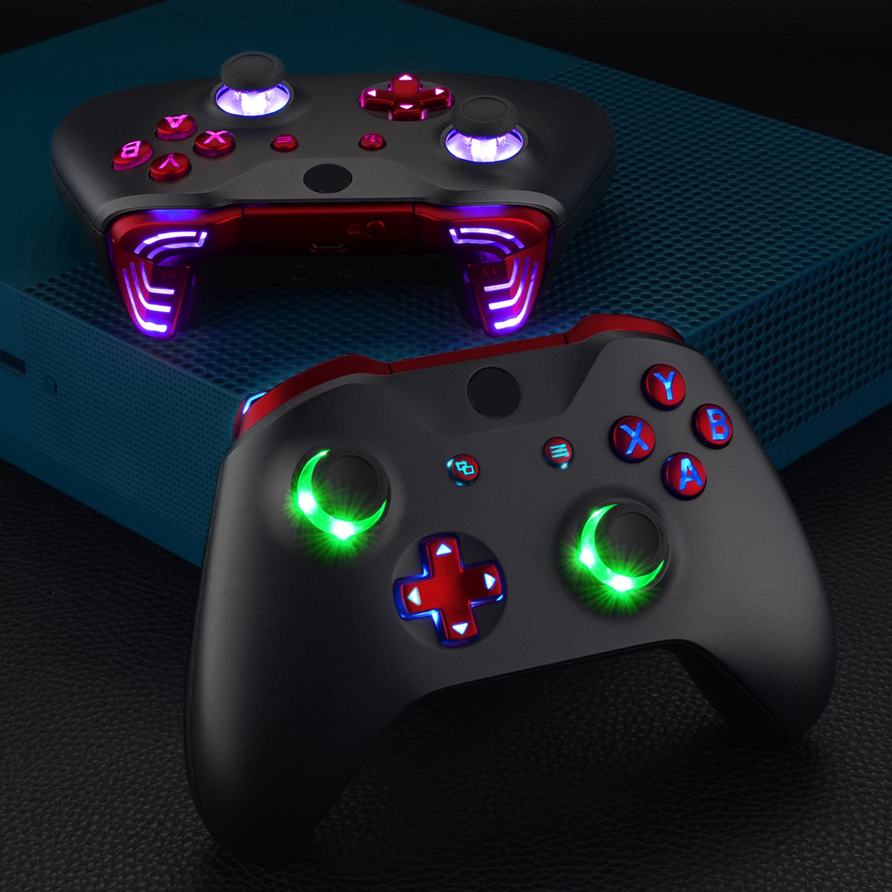 eXtremeRate Multi-Colors Luminated Dpad Thumbsticks Start Back ABXY Action Buttons, Scarlet Red Classical Symbols Buttons DTFS (DTF 2.0) LED Kit for Xbox One S & X Controller - Controller Without