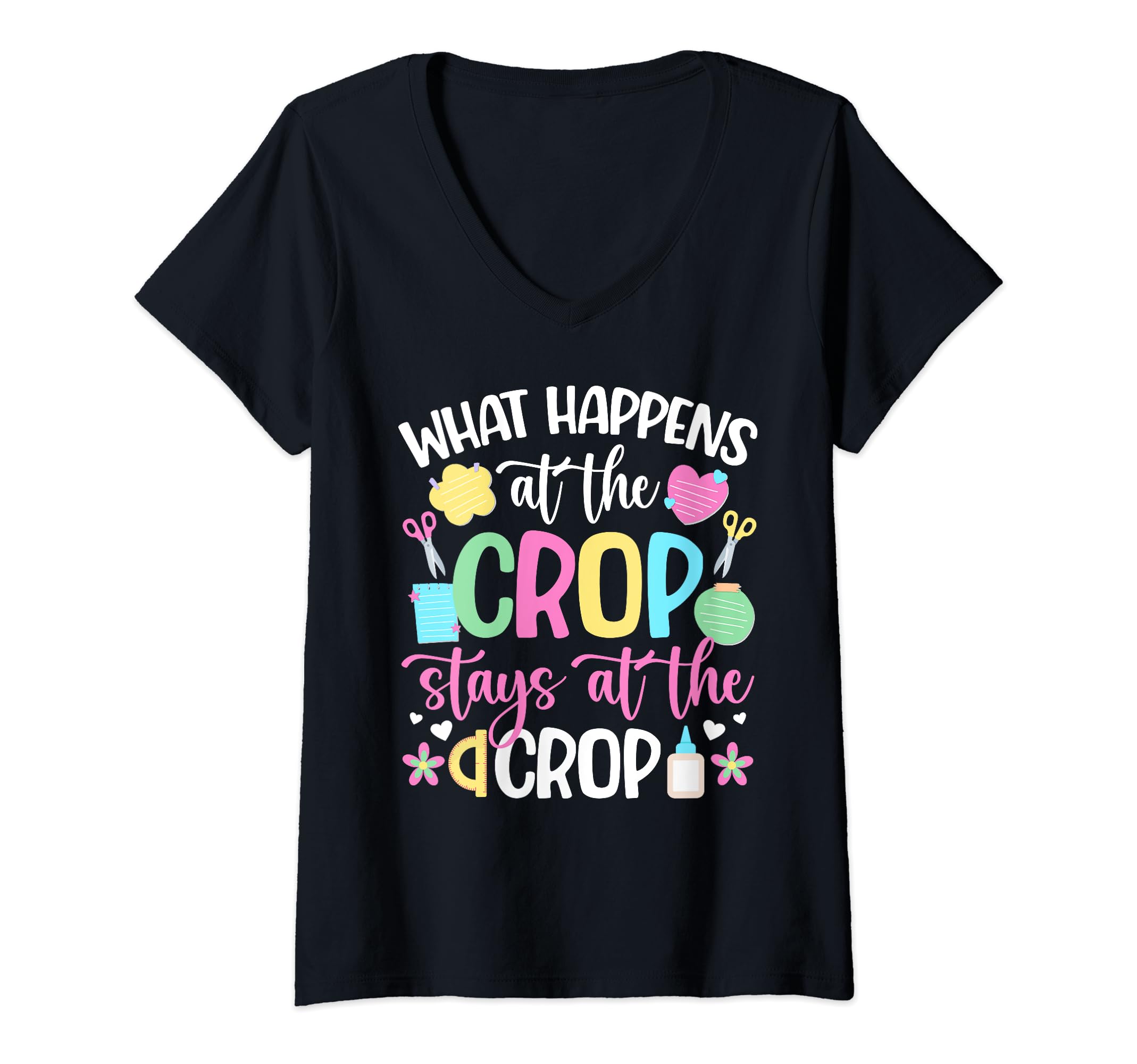 Womens Scrapbook What happens at the crop Scrapbooking V-Neck T-Shirt