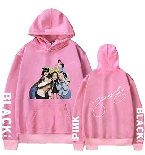 Allfwin Pink Girl's Women Hoodie Lisa Jennie Jisoo Rosé Autographed K-pop Black Long Sleeve Hooded Sweatshirt Jacket Pullover Sweater(Pink-Jennie,Large)