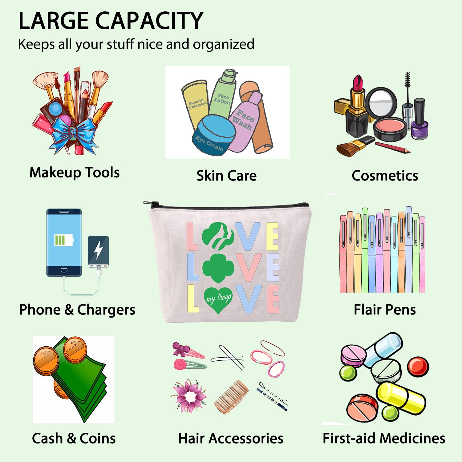 FOTAP Scout Crew Gift Love My Troop Makeup Bag Girl Scout Survival Kit Scout Inspirational Makeup Bag Scout Leader Gift (SCOUT love)