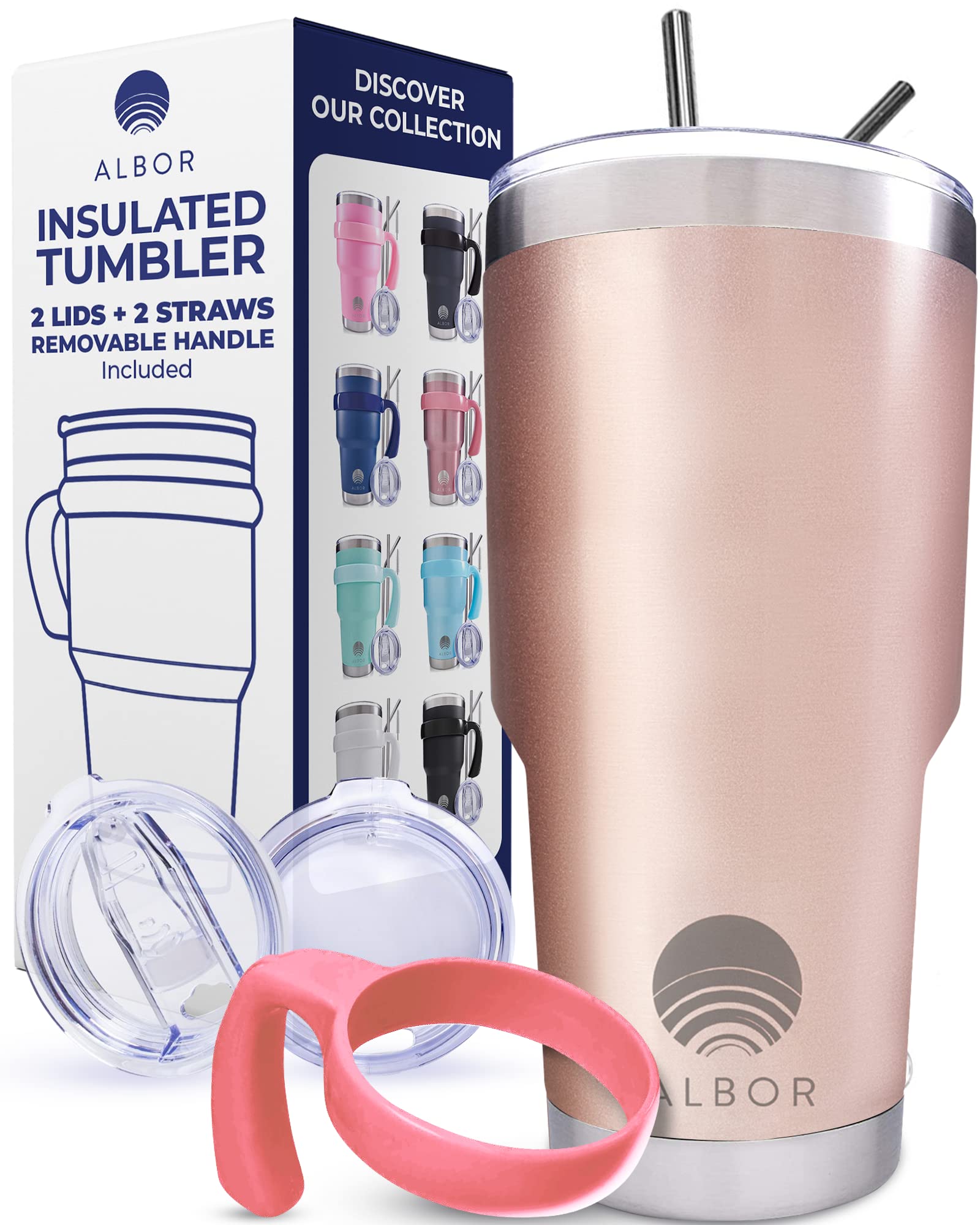 ALBOR Insulated Tumbler with Lid and Straw - 30 oz Insulated Coffee Mug with Handle, Travel Coffee Mug with 2 Lids, 2 Metal Straw, Brush and Storage Bag, Rose Gold