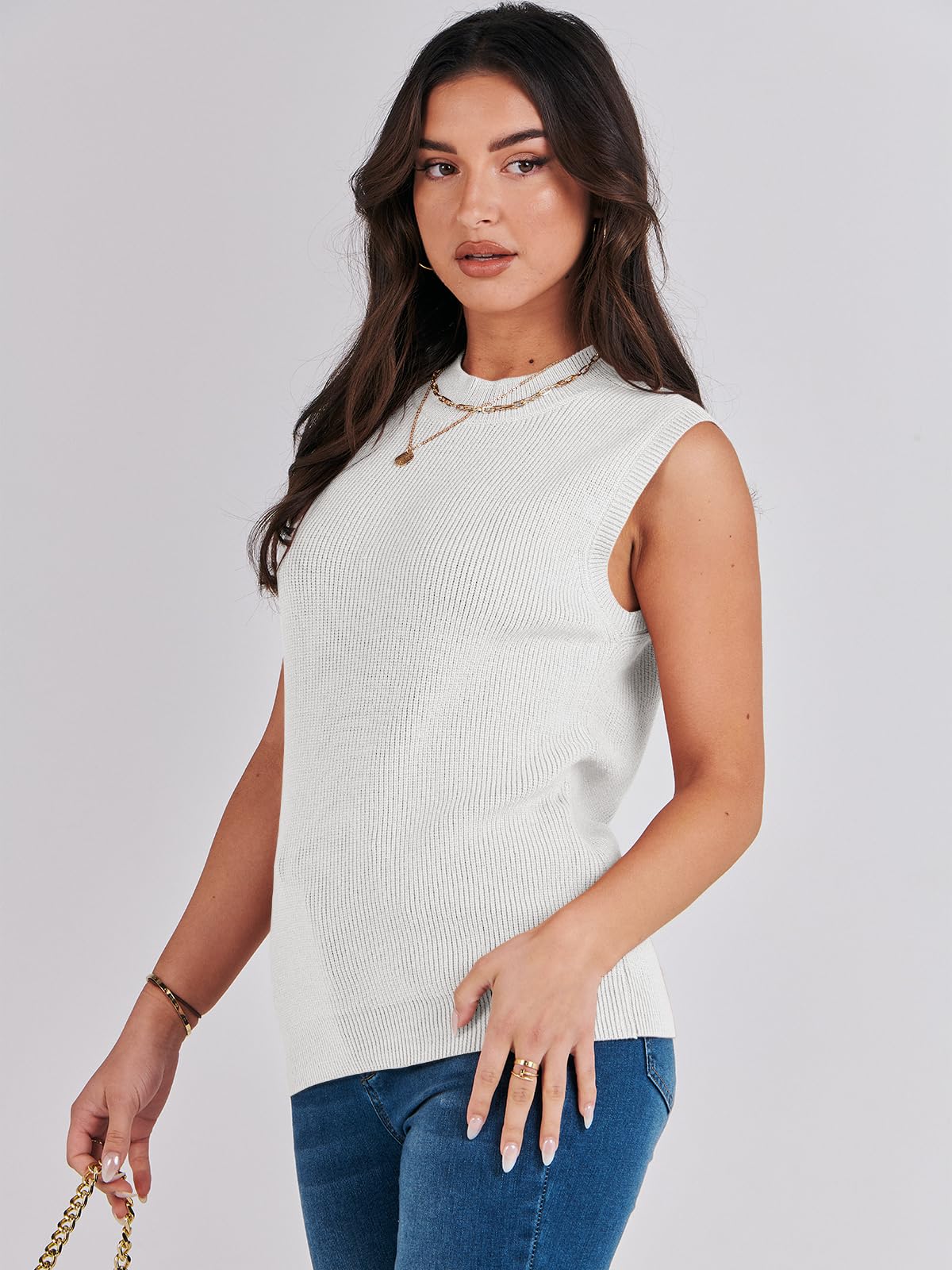 ANRABESS Womens Summer Sleeveless Tops Casual Mock Neck Loose Fit Knit Lightweight Sweater Pullover Top White-XL