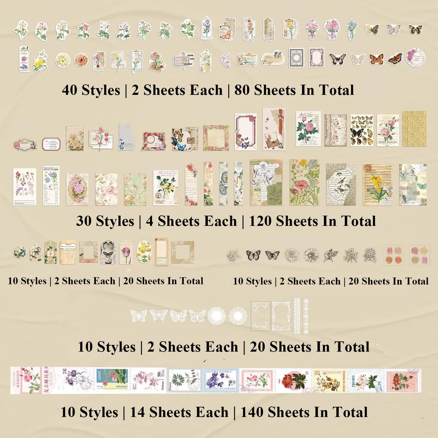 BLEDS 400PCS Vintage Journaling Supplies Pack, Scrapbook Paper Kit Aesthetic Scrapbook Paper Set Postage Stamp Stickers for Junk Journals Planner Retro Craft