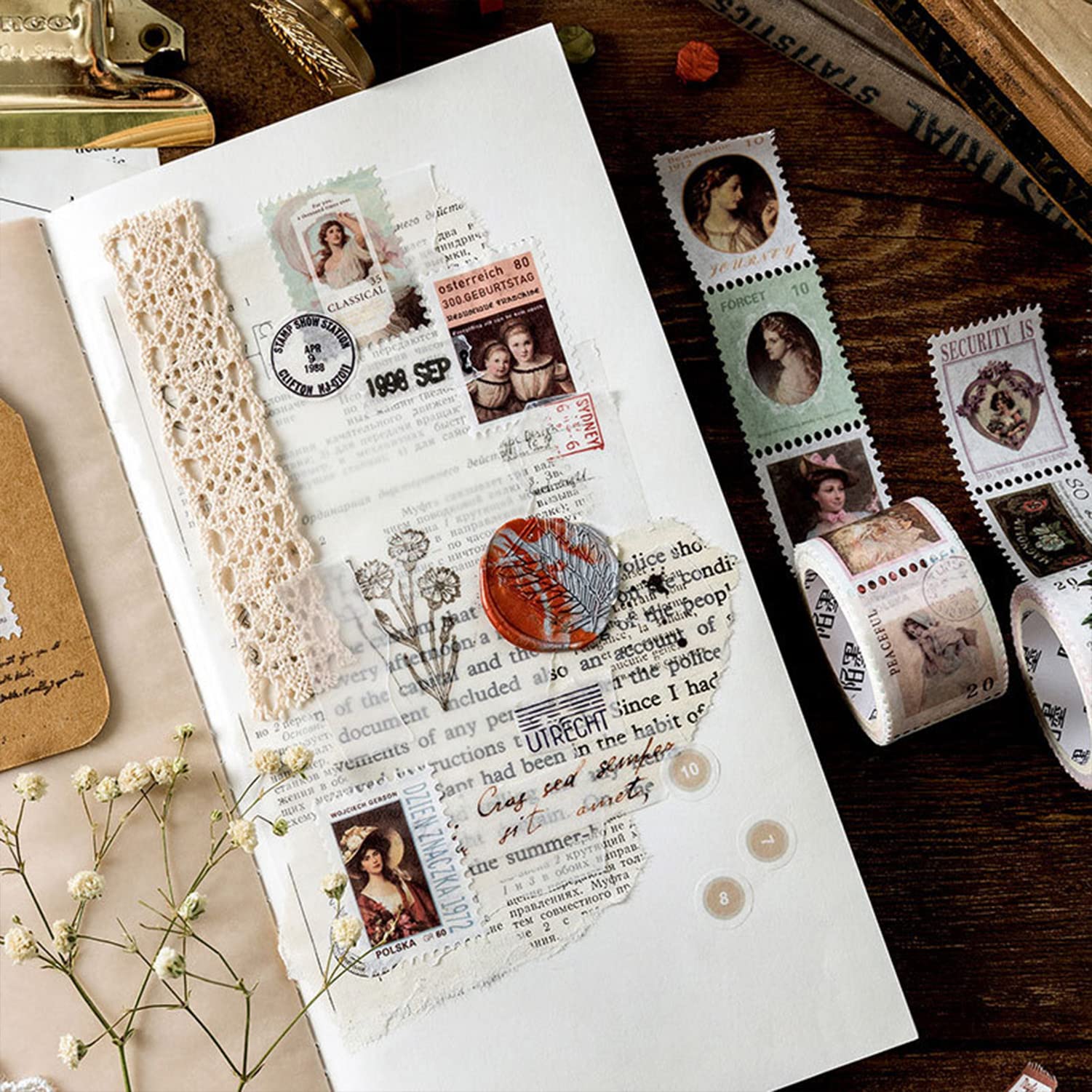 BLEDS 400PCS Vintage Journaling Supplies Pack, Scrapbook Paper Kit Aesthetic Scrapbook Paper Set Postage Stamp Stickers for Junk Journals Planner Retro Craft