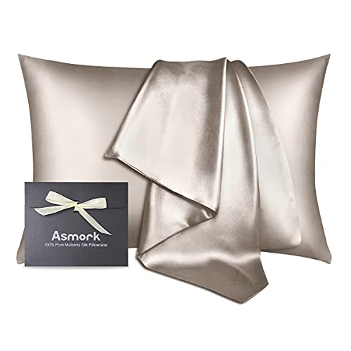 Asmork 100% Mulberry Silk Pillowcase for Hair and Skin, Both Side 19 Momme Real Silk, Hidden Zipper Washable Pure Silk Bed Pillowcase Covers, Envelope Gift Box,1PC (Beige, Standard 20''Ć26'')
