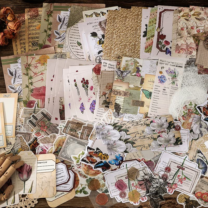 BLEDS 400PCS Vintage Journaling Supplies Pack, Scrapbook Paper Kit Aesthetic Scrapbook Paper Set Postage Stamp Stickers for Junk Journals Planner Retro Craft